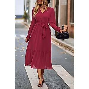 PRETTYGARDEN Women's Floral Print Boho Dress Long Sleeve Wrap V Neck Ruffle Belted A-Line Flowy Maxi Dresses (Solid Wine Red,Medium)