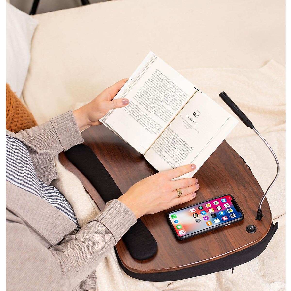 Sofia + Sam Oversized Lap Desk with Memory Foam Cushion | Detachable USB Light | Fits Laptops Up to 20" | Brown and Black | Computer Lap Tray | Laptop and Writing | Bed Table