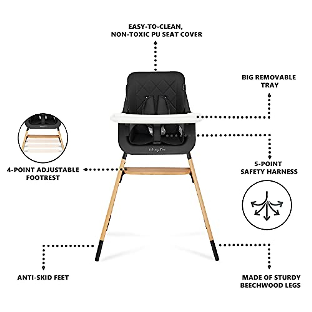 Dream On Me Nibble Wooden Compact High Chair in Black | Light Weight | Portable |Removable seat Cover I Adjustable Tray I Baby and Toddler