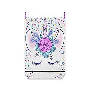 Cream Unicorn Magic Head Door Hanging Laundry Hamper Bag Floral Unicorn Space Saving Wall Large Laundry Basket Storage Dirty Clothes Bags with Bottom Zippers Hooks for Bathroom Bedroom 1 Pcs