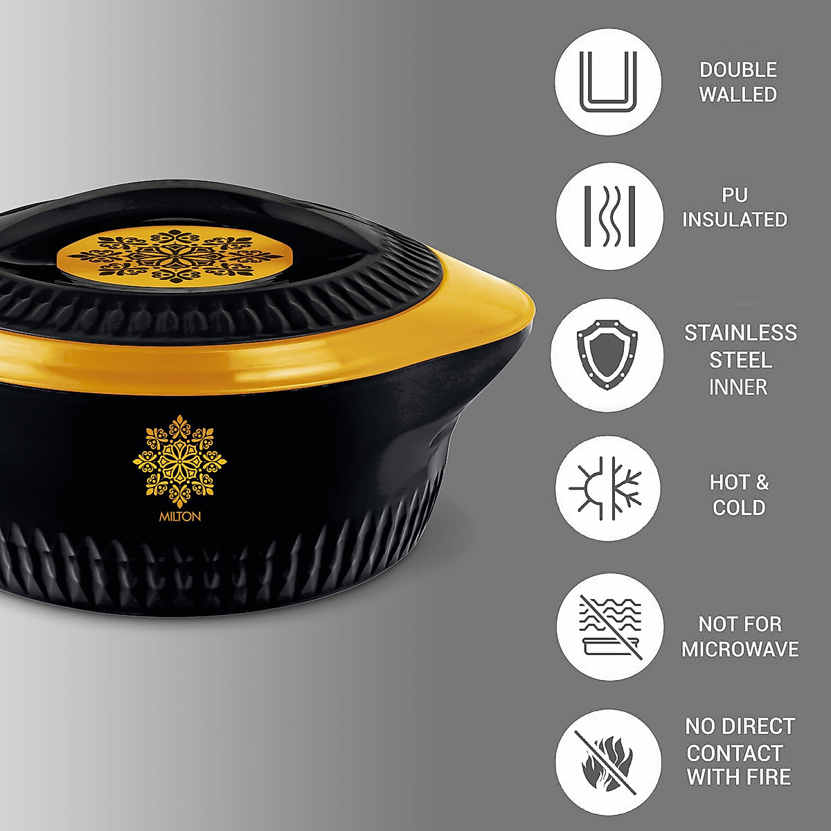 MILTON Royal 2500 Insulated Inner Stainless Steel Casserole, 2.05 Litres, Black Gold | BPA Free | Food Grade | Hot & Cold