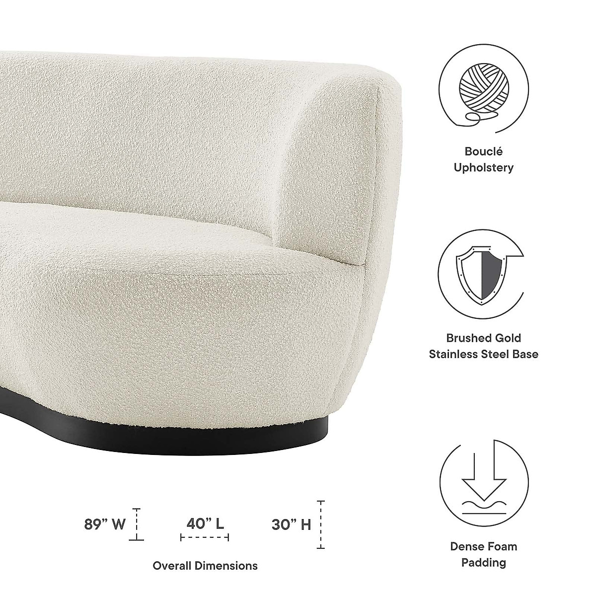 Modway Kindred Boucle Upholstered Curved Sofa with Black Base in Ivory