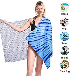 Microfiber Pool Sandproof Beach Towel Blanket - Quick Fast Dry Sand Free Proof Compact Outdoor Camping Travel Swim Micro Fiber Thin Yoga Mat Personalized Gift for Women Man Adult Blue Tie Dye