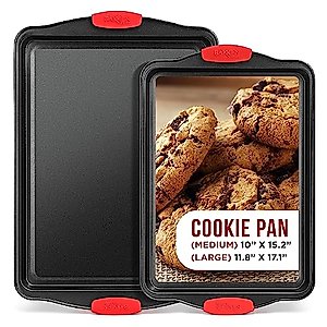 2 Piece Set Nonstick Carbon Steel Oven Bakeware -Professional Quality Kitchen Cooking Baking Trays -PFOA, PFOS, PTFE-Free Small & MediumBaking Sheet Pans with Red Silicone Handles