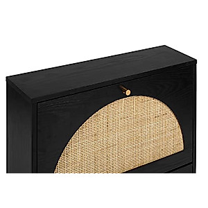 Rattan 2-Drawer Shoe Cabinet Modern Freestanding Shoe Rack Organizer Wooden Entryway Narrow Shoe Storage Cabinet w/Natural Rattan Flip Doors for Closet Hallway Small Space(1 Pack-Black)