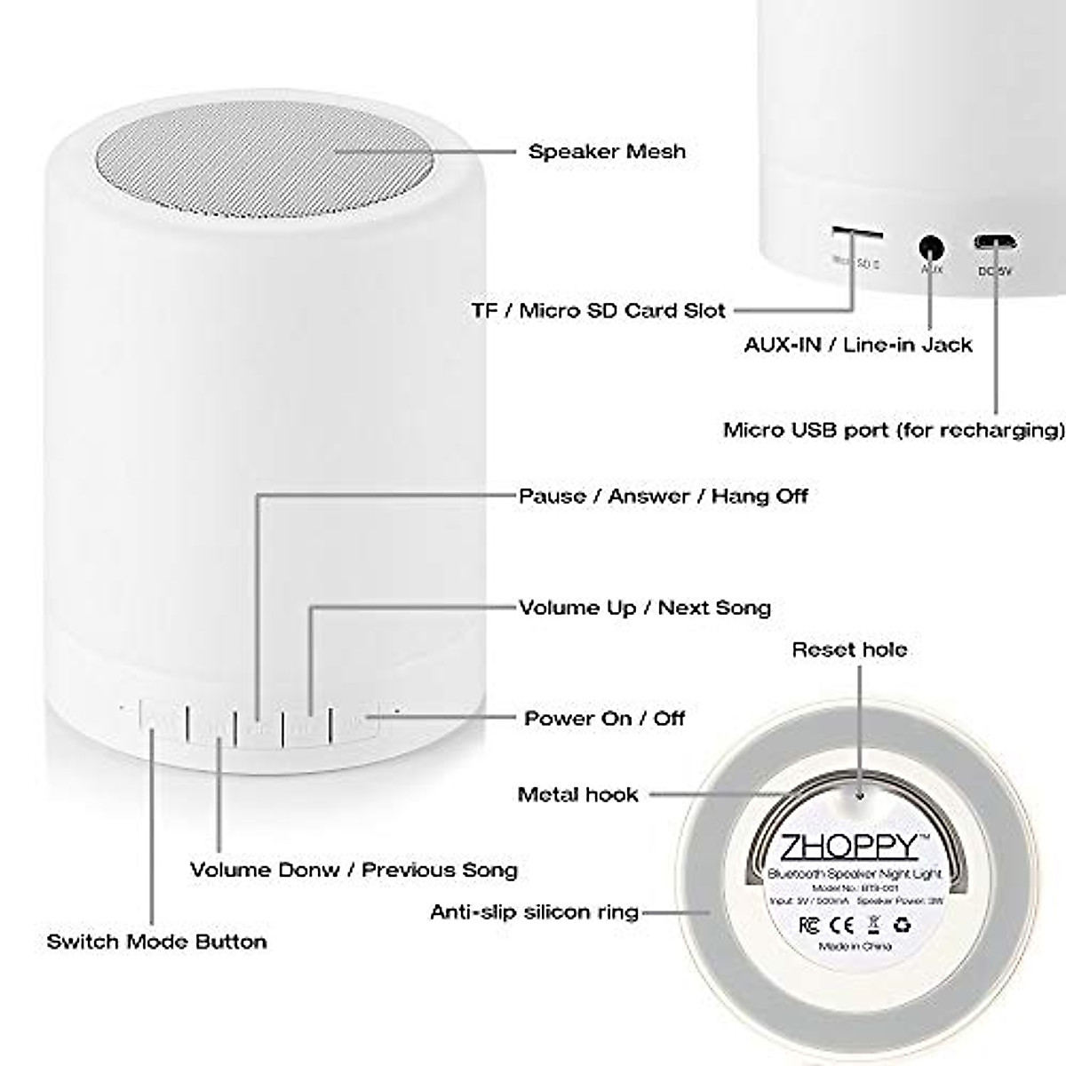 ZHOPPY Night Light Bluetooth Speaker for Teenage Girls/Boys, Touch Control Bedside Lamp Portable Table Lamp Color LED Speaker Light