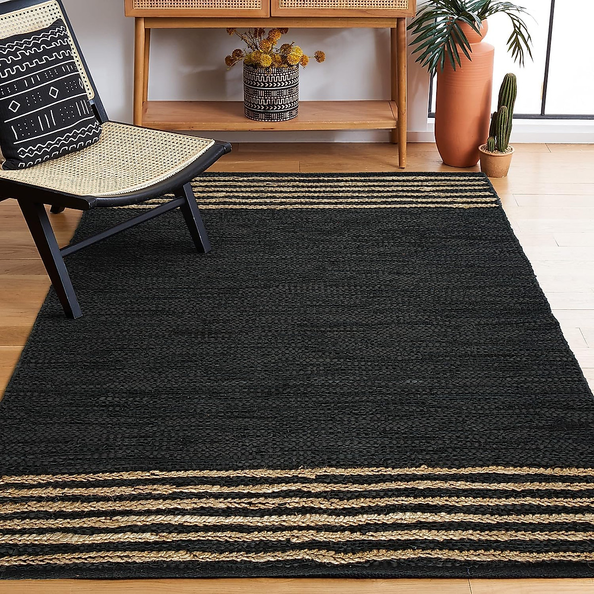 GRUHUM Jute Area Rug 4x6 ft Black Natural Leather Handmade Boho Farmhouse Rustic Vintage Eco Friendly Soft Braided Rug for Indoor Kitchen Bedroom Living Room Hallways Enterways 4'x6' ft Rectangle