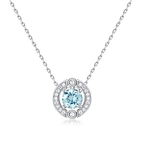 March Aquamarine Pendant Birthstone Necklace - 925 Sterling Silver Dainty Birthstone Necklaces with Solitaire Round Cubic Zirconia Anniversary Birthday Gifts for Women Mom Wife Her