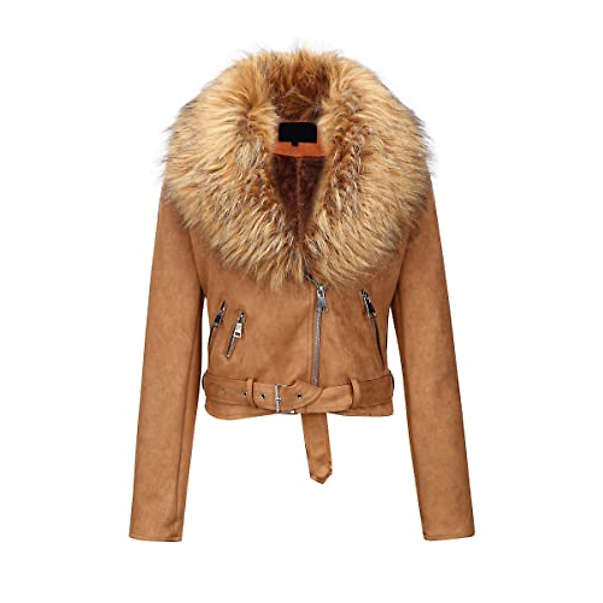 Bellivera Women's Faux Leather Suede Short Jacket Motocycle Sherpa-Lined Coat with Removable Fur Collar 8830 Brown L