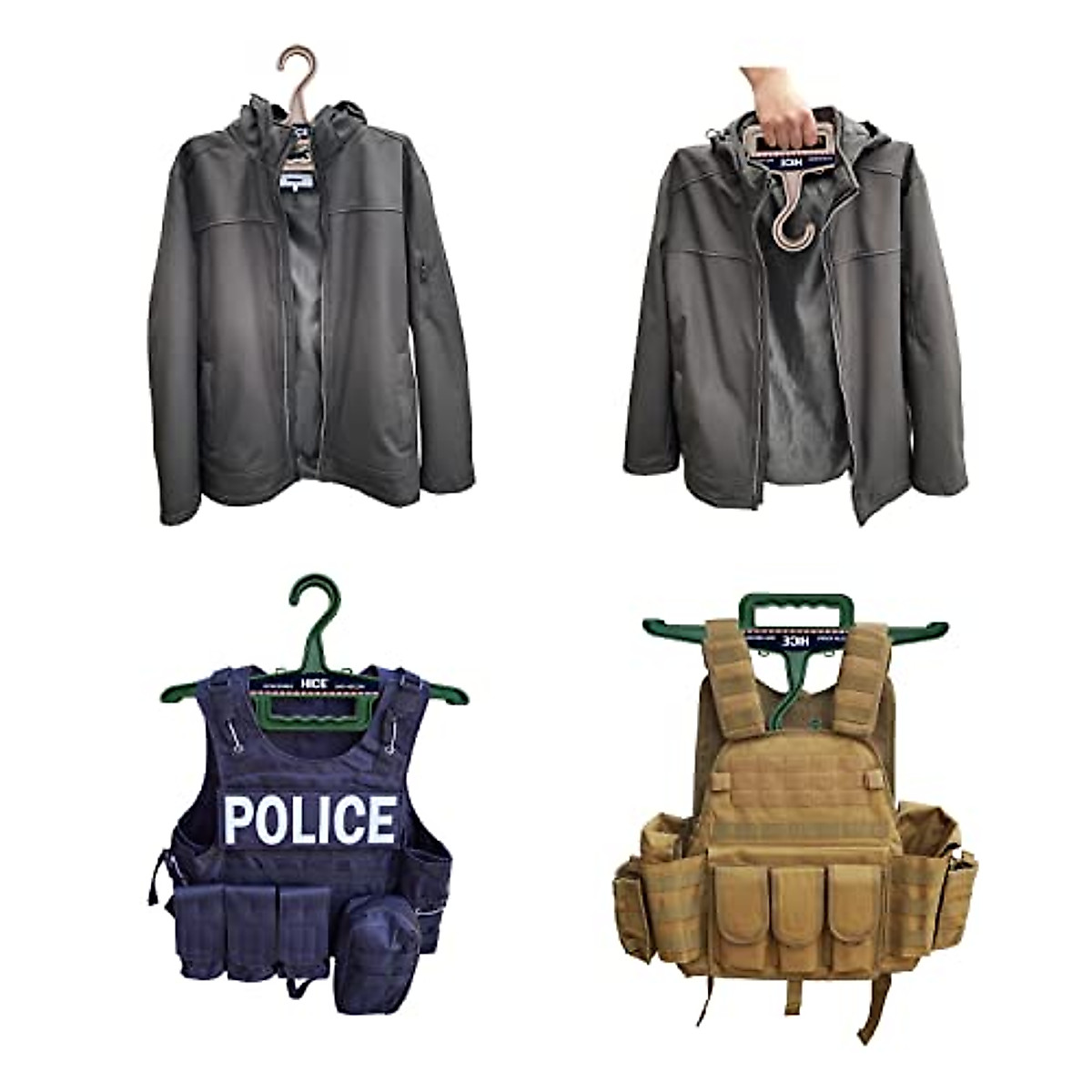 HICE Heavy Duty Standard Hanger | Set of 2 | 150 lb Load Capacity | Durable High Impact Resin | for Heavy Hunting Gear, Wetsuits, Coats, Dress Shirts, Motorcycle Jackets, Bulky Clothing (Black)