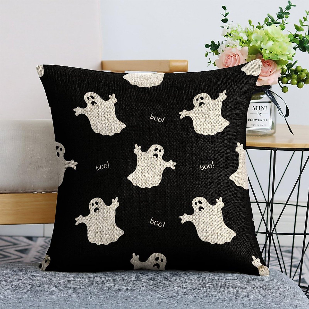 Happy Halloween Cartoon Ghosts Throw Pillow Covers 18×18 Pillowcases Set of 2 Cute Black Linen Decorative Square Pillow Case Cushion Covers Standard Size for Sofa Couch Outdoor Bed Pillow Protectors