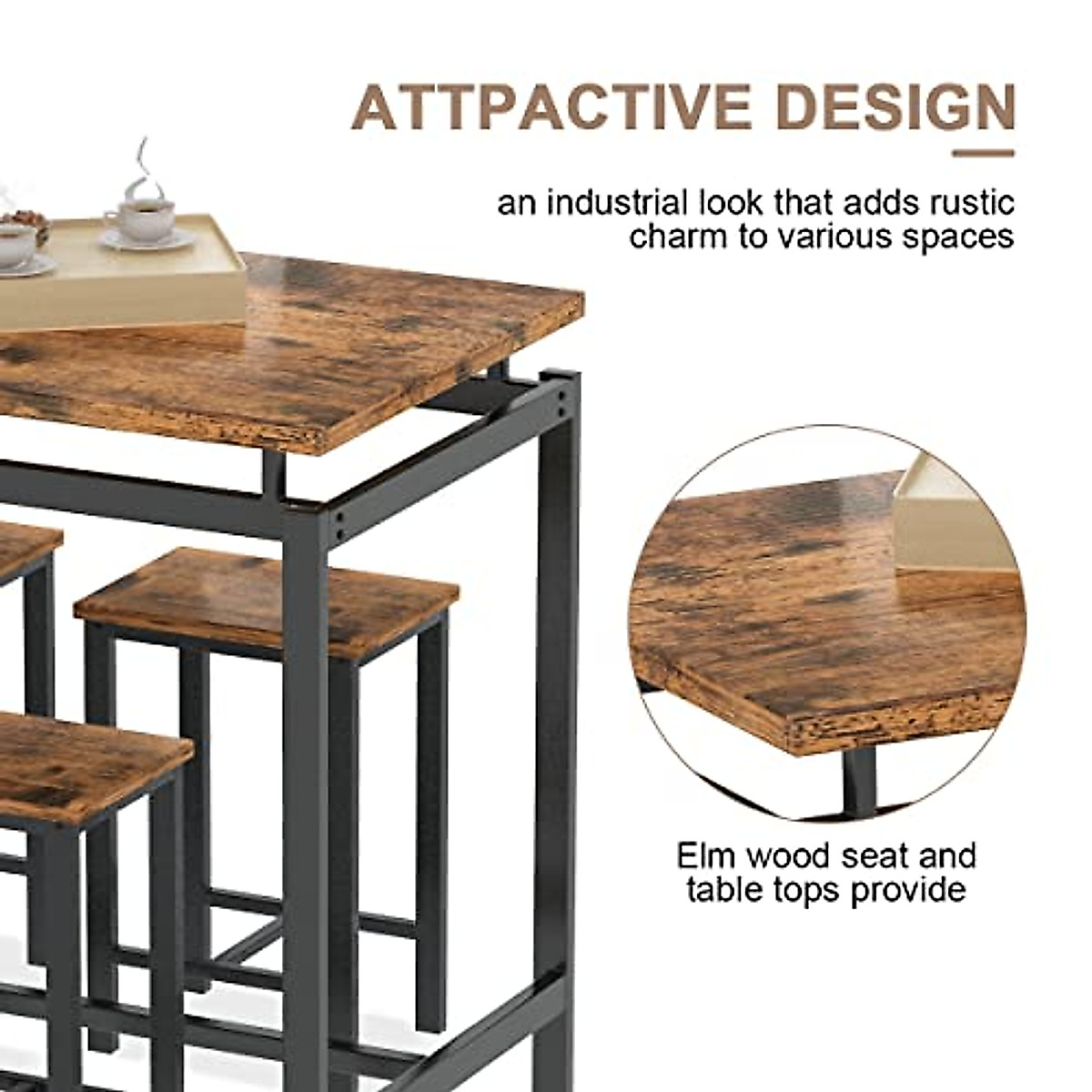 AWQM Bar Table and Chairs Set,Industrial Dining Table Set for 4,Small Kitchen Table Wood Pub Bar Table Set,Dining Room Table Set for Small Space, Breakfast Nook,Living Room,Walnut