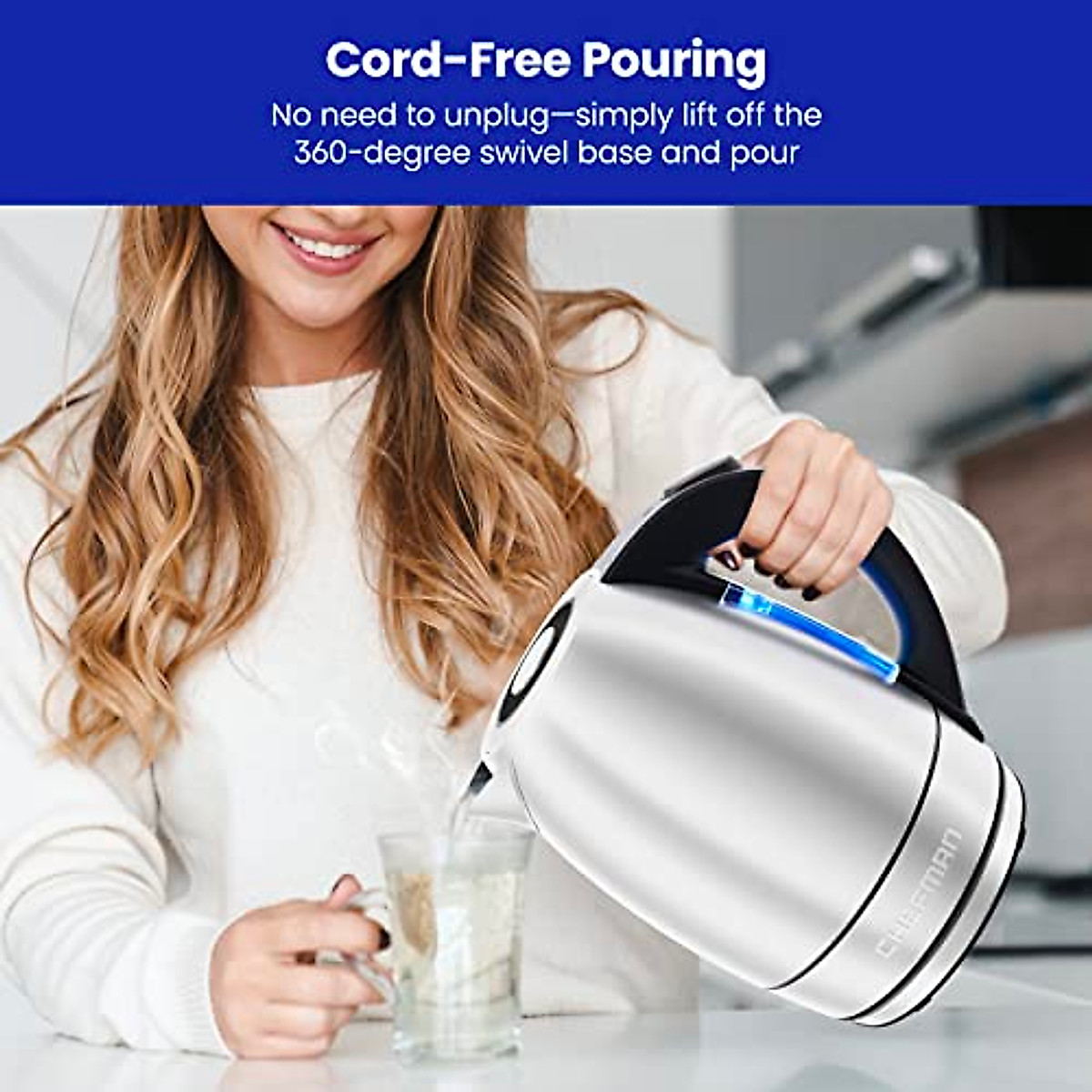 Chefman Electric Kettle, 1.7 Liter Stainless Steel Electric Tea Kettle Water Boiler with Automatic Shutoff, LED Lights, Boil-Dry Protection, Hot Water Electric Kettles for Boiling Water, Stainless