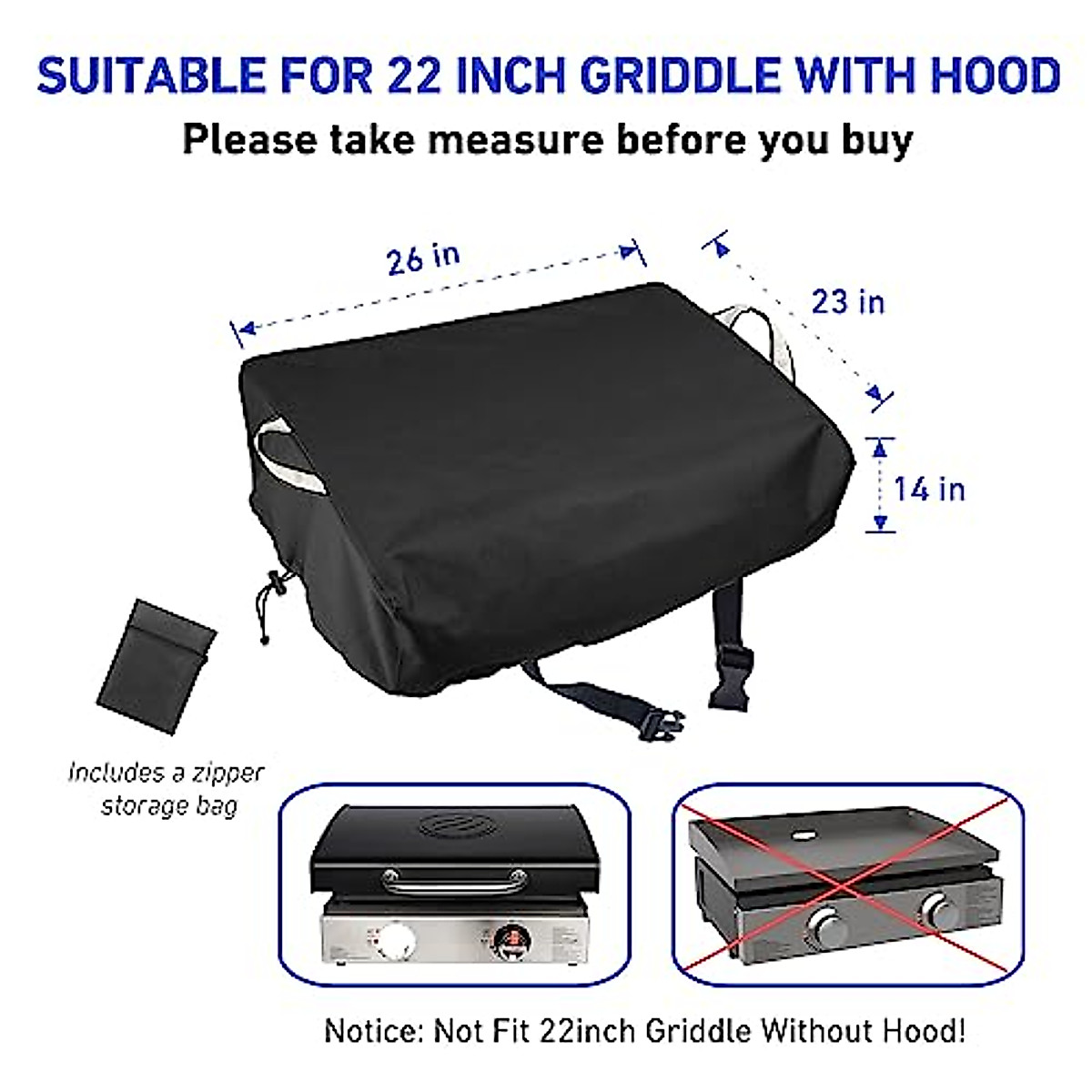 22 inch Griddle Cover for Blackstone - 600D with Hood Blacksston Grill Cover Handles Waterproof UV-Proof Windproof Drastring for BBQ Outdoors,Black