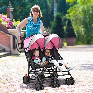 BABY JOY Double Light-Weight Stroller, Travel Foldable Design, Twin Umbrella Stroller with 5-Point Harness, Cup Holder, Sun Canopy for Baby, Toddlers (Pink)
