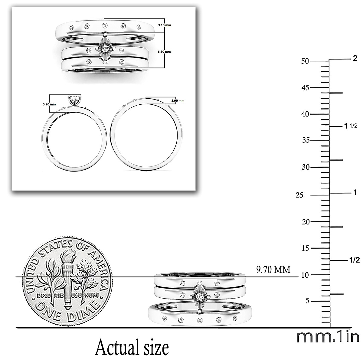 Dazzlingrock Collection 0.10 Carat (ctw) Round White Diamond Men & Women Wedding Rings Trio Bridal Set for Couple | 10K White Gold, Womens size 7 and Mens size 10