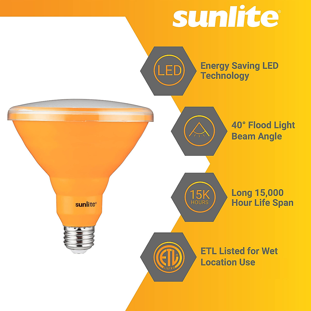 Sunlite 81479 LED PAR38 Colored Recessed Light Bulb, 15 watt (75W Equivalent), Medium (E26) Base, Floodlight, ETL Listed, Amber, 1 Pack