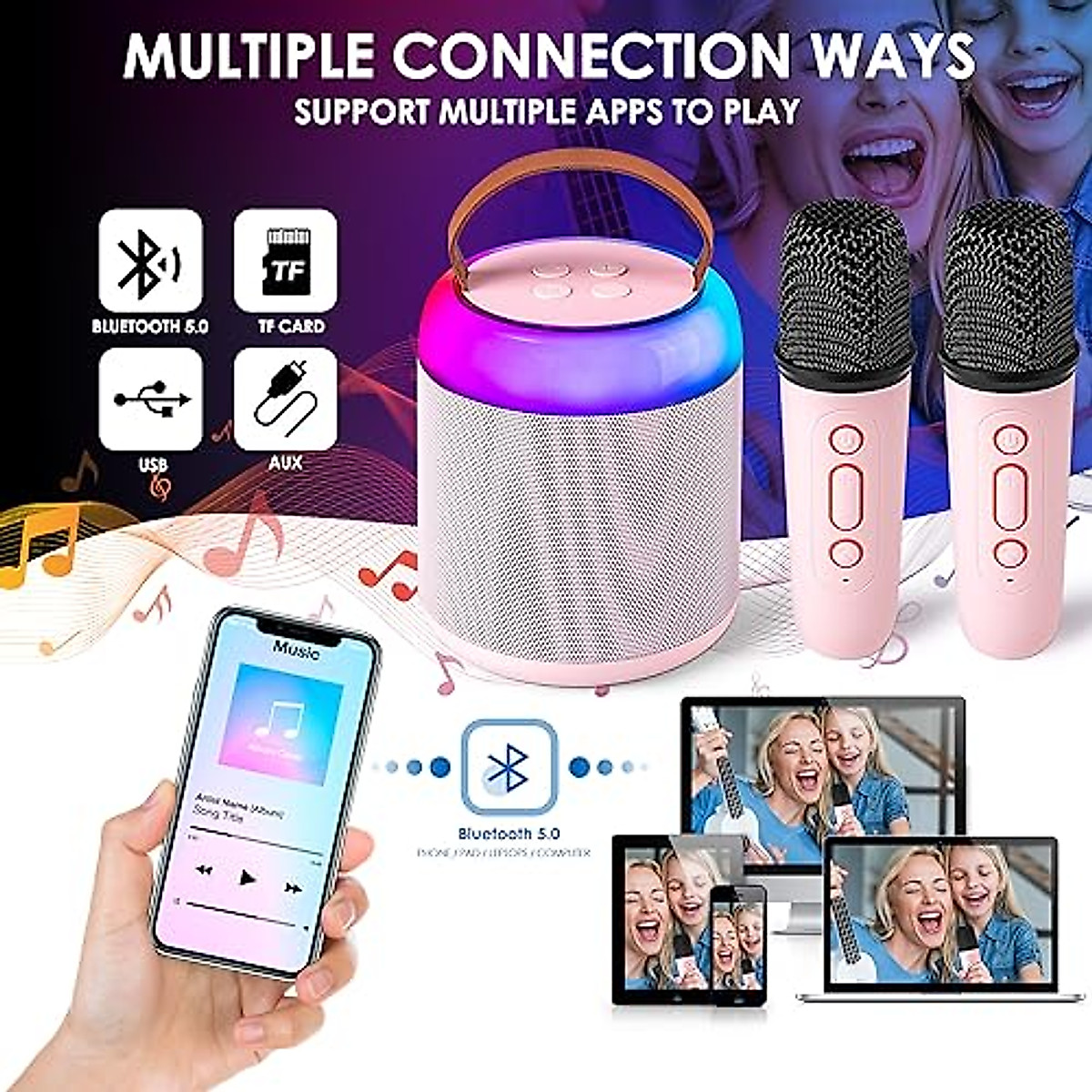 Mini Karaoke Machine with 1 Wireless Microphones for Kids Adults, Portable Bluetooth Speaker Toy for Girls and Boys 2 4 5 6 7 8 9 10 12 Year Old Girl Christmas Birthday Gift Home Party Ideas (Pink)