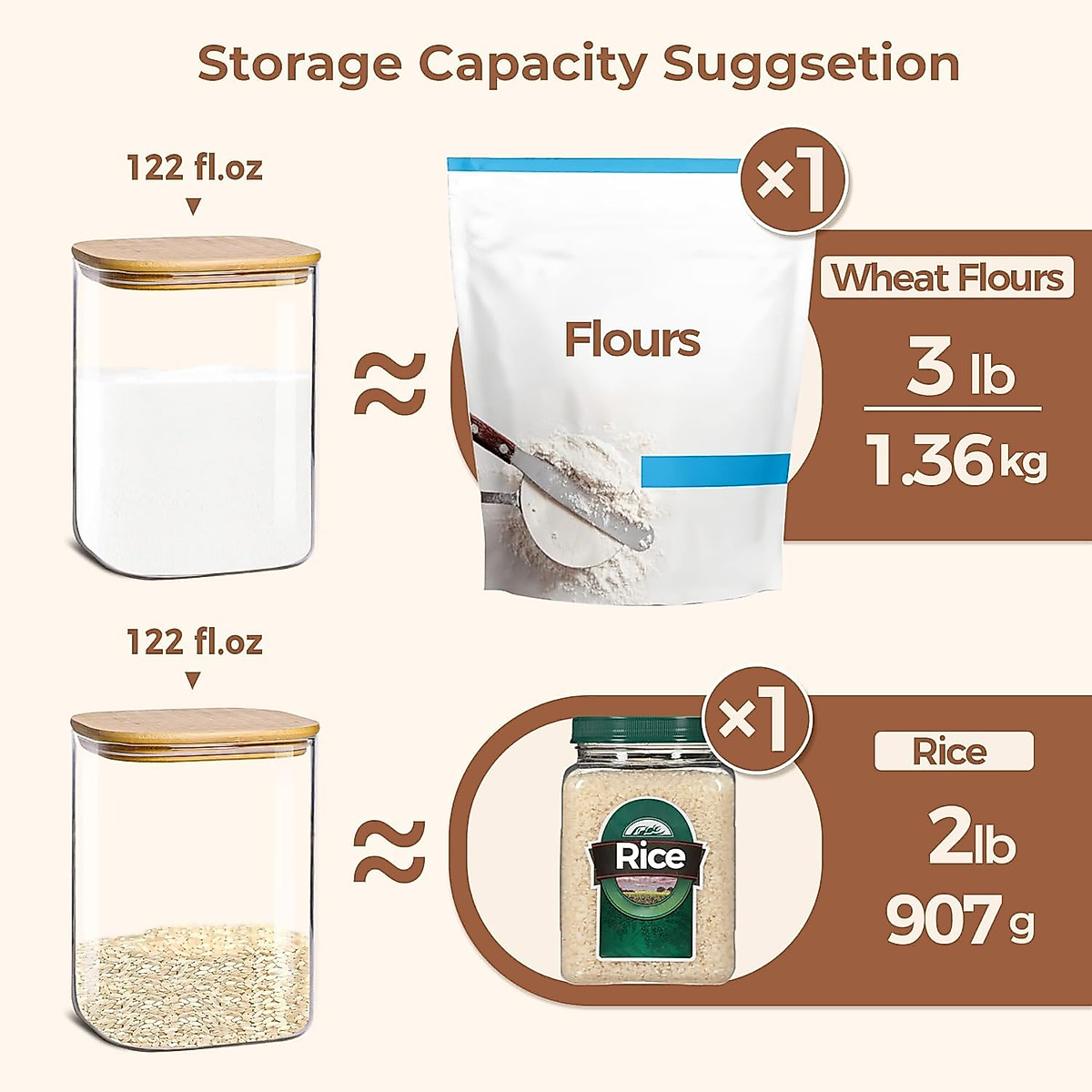 ComSaf 122 oz Glass Food Storage Containers, Cereal Storage Containers with Airtight Lids, Large Square Glass Jars with Bamboo Lids, for Rice, Pasta, Oats, Grains, Coffee Beans