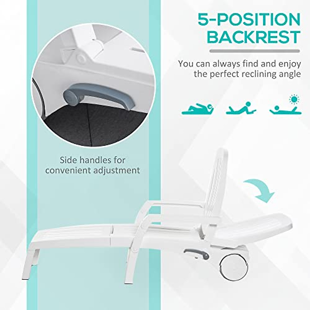 Outsunny Folding Chaise Lounge Chair on Wheels with Storage Box, Lightweight Plastic Sun Recliner with 5 Position Backrest for Beach & Pool, White