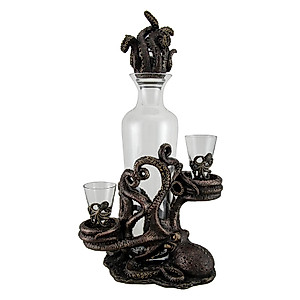 Octopus Spirit Decorative Antique Bronze Finish Statue and Glass Decanter Set