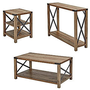 AMERLIFE 18 Inch Farmhouse End Table, Industrial Accent Side Table with 3 Storage Shelves for The Living Room, Rustic Wood Nightstand for Bedroom, X-Shaped Metal Frame Support, Rustic Oak