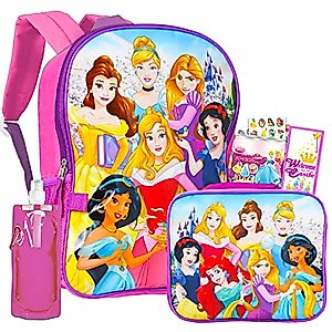 Disney Princess Backpack with Lunch Box for Girls Bundle ~ Deluxe 16" Princess School Bag, Lunch Bag, Water Bottle, Stickers, and More (Disney Princess School Supplies)