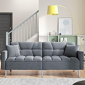 RIDFY Modern Upholstered Adjustable Folding Sofa Bed with Two Pillows and Metal Legs, Linen Fabric Futon Couch with Armrests for Living Room, Apartment, Dorm, Home, Office (Dark Gray)