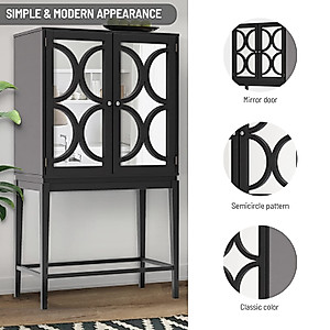 JIEJIEGAO Double Mirror Door Bar Cabinet, Wine Solid Rubber Wood Rack Cabinet, with 8 Wine Glass Holder Sideboard, with Featuring Two-Tier Storage, Wooden Storage Cabinet, Kitchen Organizer