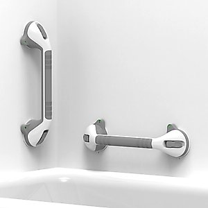 AquaChase Suction Shower Grab Bar with Indicators, Tool-Free Installation, Steady Handle for Balance Assist for Bathtub, Toilet, Bathroom (White/Grey, Pack of 2, 17in)