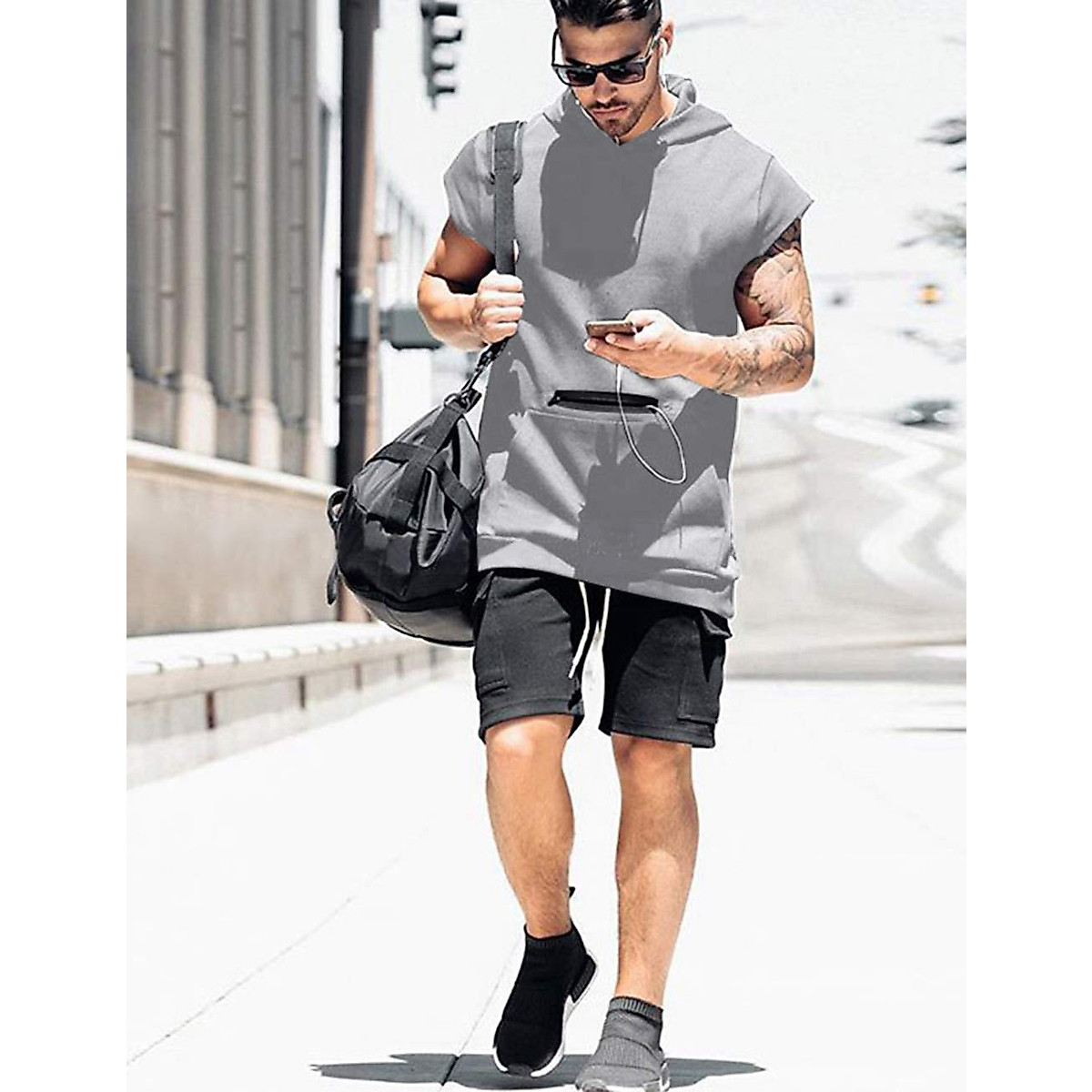 Poriff Mens Workout Running Shirts Sleevles Hoodies Plain Workout Tank Tops Grey S