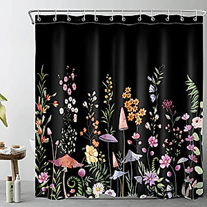 LB Spring Wildflower Shower Curtain Decor, Colorful Floral and Mushroom Green Plant on Black Shower Curtains for Bathroom 72X72 inch Polyester Fabric Bathroom Decoration Bath Curtains Hooks Included