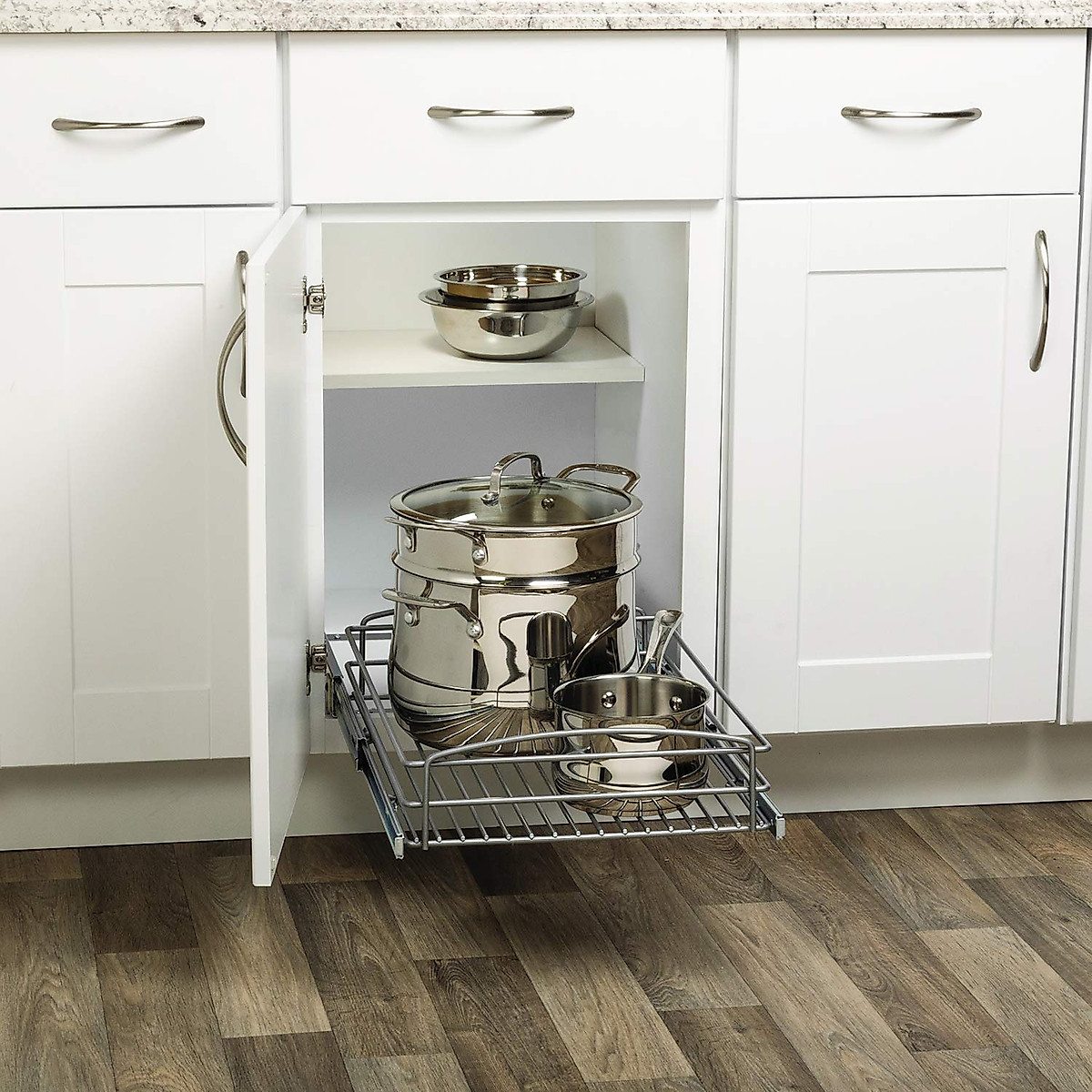 Knape & Vogt RS-MUB-14-FN 5 in. H x 15 in. W x 20 in. D Multi-Use Basket Silver Pull Out Cabinet Organizer, Frosted Nickel