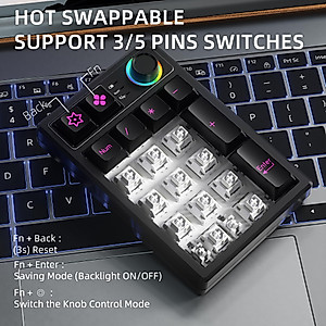 KEYCOOL K19 Wireless Numeric Keyboard, Mechanical Number Keypad Hot-swappable Bluetooth Numpad 5.0/2.4GHz, RGB Multi-Function Knob Numerical Keyboard for Laptop Mac Win iOS Android