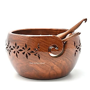 THE KNOX CRAFT - Wooden Yarn Bowl Holder, Yarn Bowl Storage with Carved Holes, Large Yarn Holder with 2 Crochet Hooks (Rosewood),(7x4)