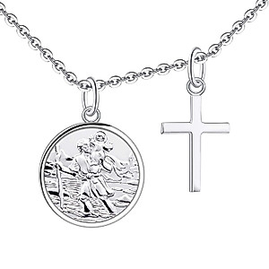FJ Saint Christopher Necklace for Women Men 925 Sterling Silver St Christopher Necklace and Cross Necklace with 18" Chain