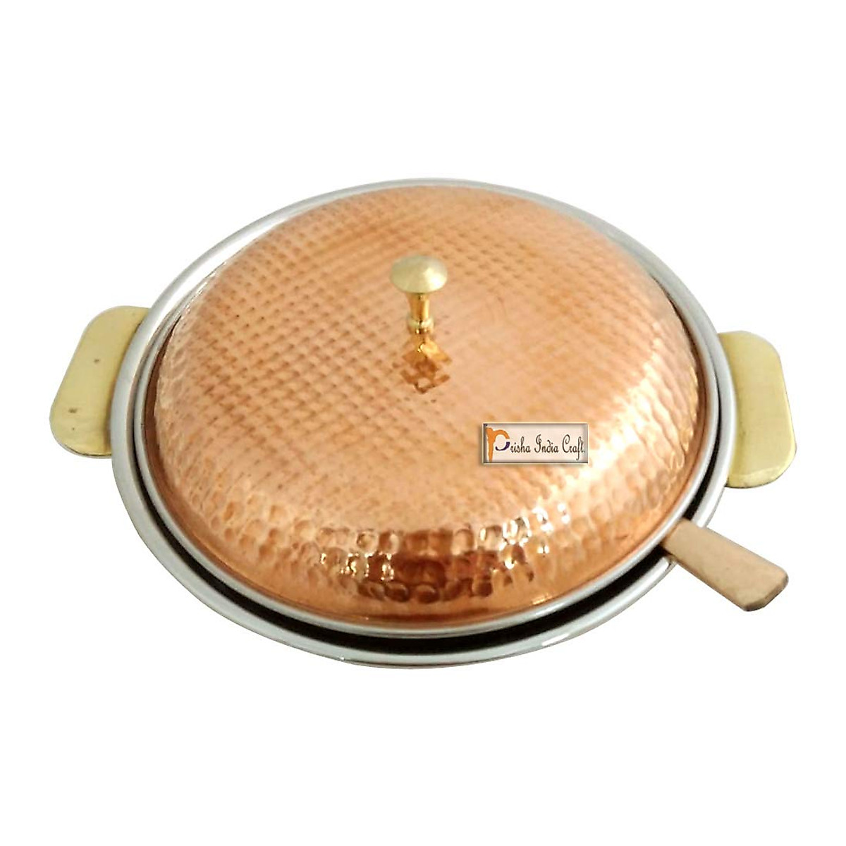 Prisha India Craft Hammered Steel Copper Casserole Donga Bowl/Copper Handi With Lid And Serving Spoon, Tableware & Serveware | Capacity 850 ML