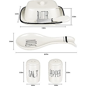 Ceramic Butter Dish with Lid Butter Knife, Spoon Rest, Salt and Pepper Shakers 5 in 1 Set, Gifts for Cooking Lovers, Food Safe, Ceramic, Snack Time, Rust-Free, White
