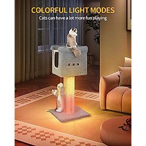 Hzuaneri 39-Inch Cat Scratching Post Tower with Bed, Cat Tower with LED Light Strip, Cat Scratcher Post with Woven Sisal, Condo, Pompom, Light Gray MS99018LG