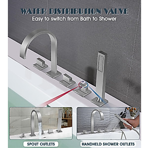 Roman Bathtub Faucet Set with Handheld Sprayer and Rough-in Valve Widespread Deck Mount 5 Hole Classic High Arch Tub Faucets Trim Kit 3 Handle with Diverter Lever Bath Tub Filler (Black)