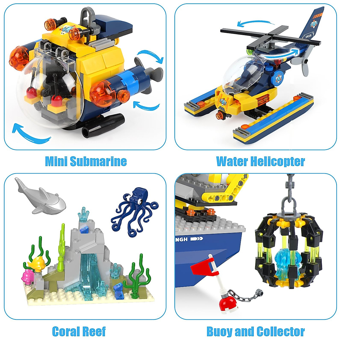 City Arctic Explorer Ship Building Toy Set,797pcs City Arctic Explorer Boat Building Kit with Coral Reef Scene,Octopus,Crab, Submarine and Helicopter,Ocean Building Toy for 6+ Years Old Boy Girl Gift