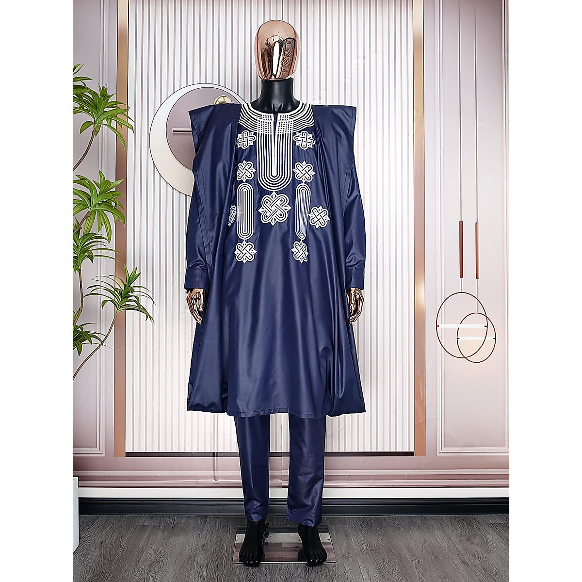 HD African Apparel Agbada Clothing Embroidery Dashiki Shirts and Pants 3 Pieces Outfits for Men Blue 3XL