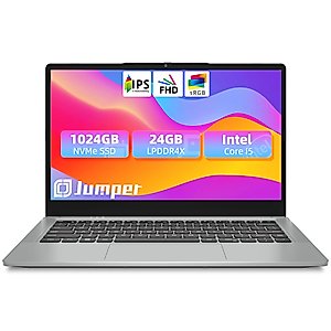 jumper Laptop, 24GB LPDDR4X RAM, 1024GB NVMe SSD, Intel Core i5 CPU(up to 3.6GHz), 14 Inch FHD IPS Display, Laptops Computer with 4 Stereo Speakers, Cooling Fan, 51.3WH, USB3.0 * 3, Metal.