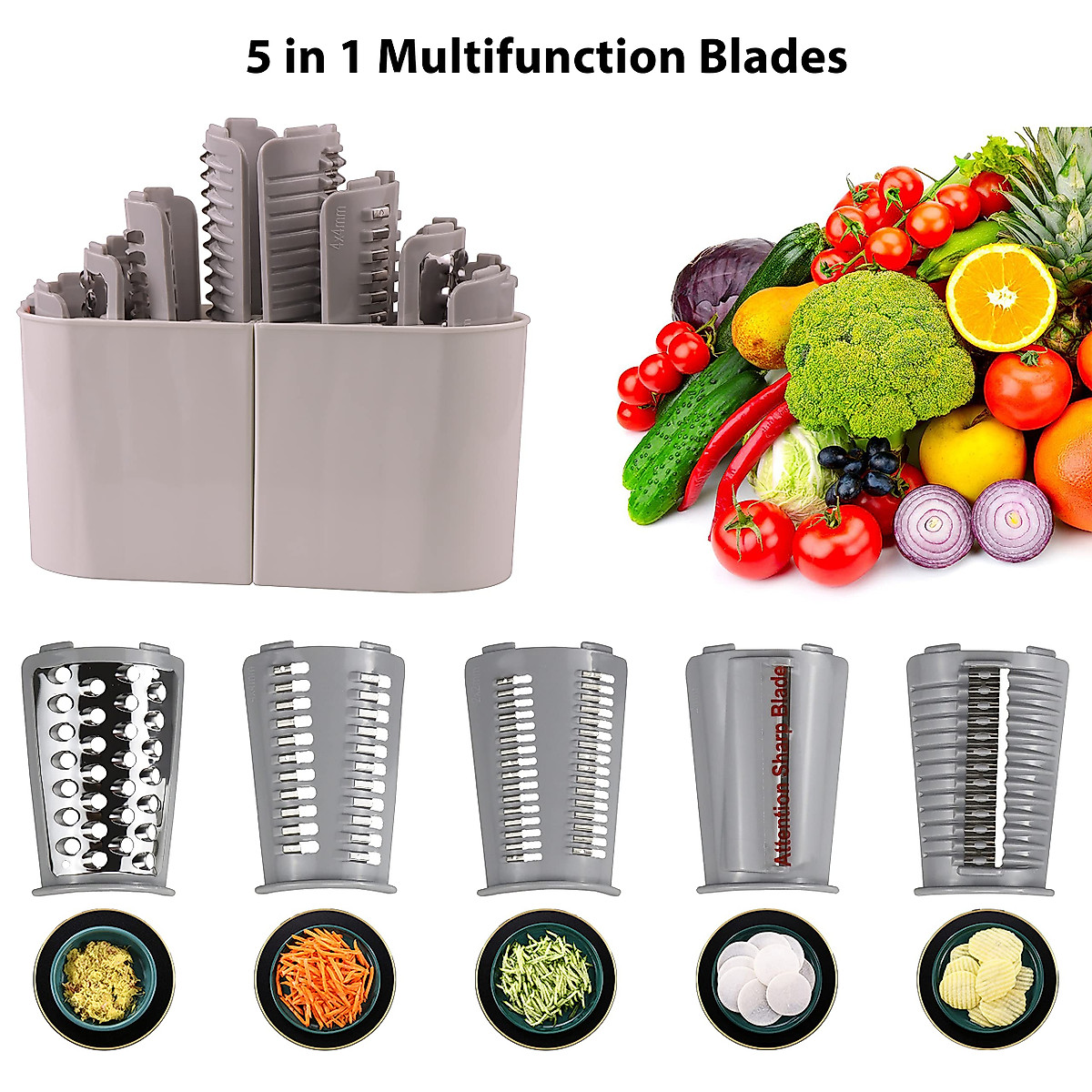 Rotary Cheese Grater and Shredder, Efficient Vegetable Cutter with Handle, 5 in 1 multifunctional Manual Mandoline Slicer for Home Use, Nuts Grinder, Durable Potato Slicer with Rubber Suction Base