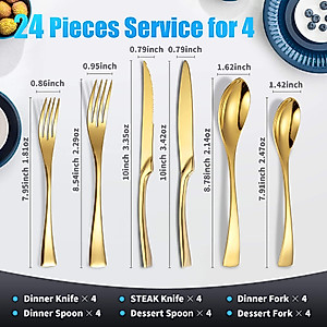 Lemeya 24 Piece Gold Silverware Set with Steak Knives,18/10 Stainless Steel Cutlery Utensils Modern Flatware Set Service for 4,Include Knife/Fork/Spoon, Mirror Polished,Dishwasher Safe