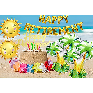 Sunny Beach Theme Retirement Party Decorations - Golden Happy Retirement Balloons & Cake Topper & Coconut Tree Balloons & Sunshine Balloons for Beach Theme Retirement Party Supplies Retired Gift Ideas