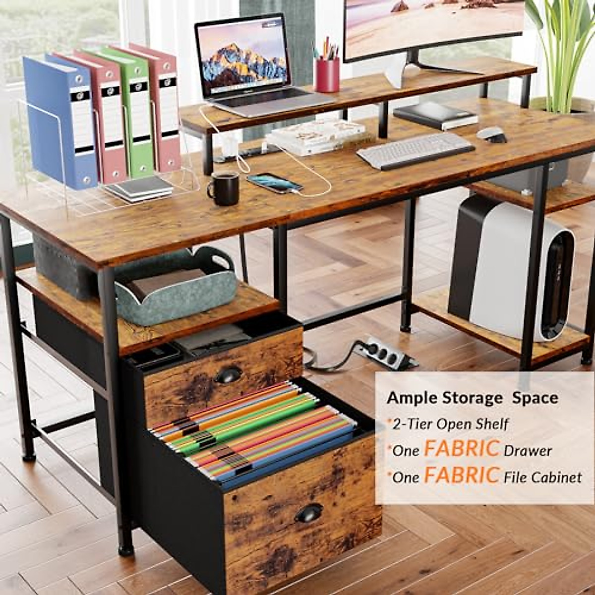 Furologee 61" Computer Desk with Power Outlet and USB Ports, Large Desk with Shelves and Drawer, Writing Study Desk with Fabric File Cabinet and Long Monitor Stand, Gaming Desk for Home Office