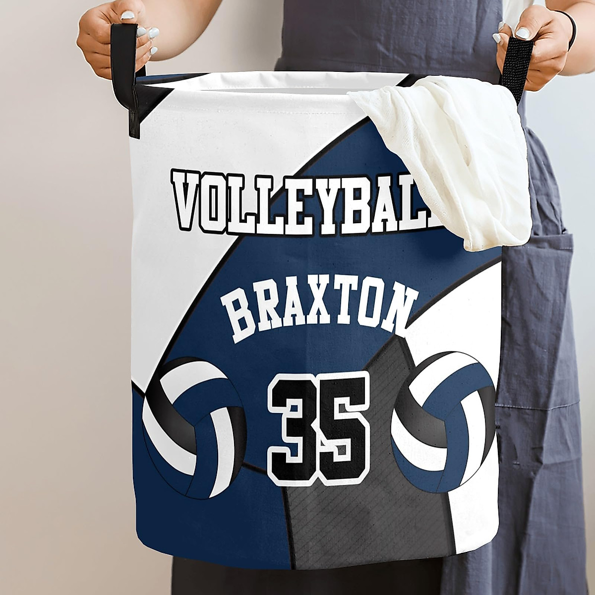 Custom Name Collapsible Laundry Basket,Navy Volleyball Sport Laundry Hamper with Handles Waterproof Oxford Laundry Hamper Household Organizer Basket