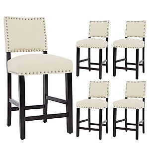 DAGONHIL 24 inch Bar Stools Set of 4, Counter Height Stools, Fabric Upholstered Barstools with Back and Wood Leg, Armless Dining Chairs with Silver Copper Nail for Kitchen Island Living Room (Beige)