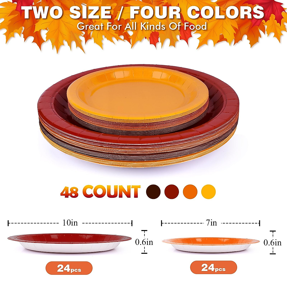 48PCS Thanksgiving Paper Plates Fall Disposable Dinner Plates Heavy Duty Kids Dinnerware Sturdy Appetizer Dessert Plates Give Thanks Autumn Harvest Party Supplies Round Multi-color Plates 10in&7in
